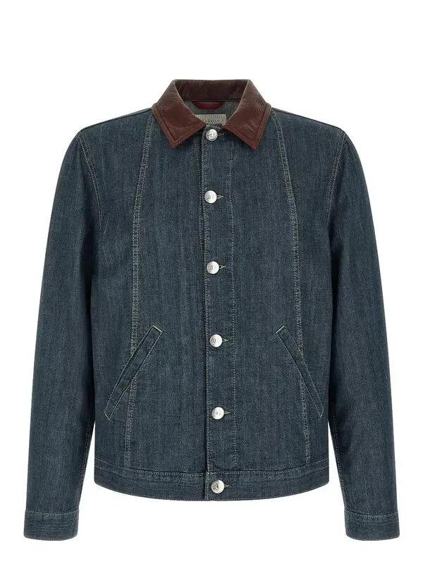 Brunello Cucinelli Leather Collar Denim Jacket - Blue