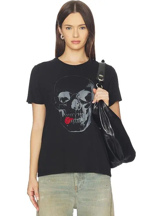 Lauren Moshi Crystal Tongue Skull Boyfriend Tee - Black