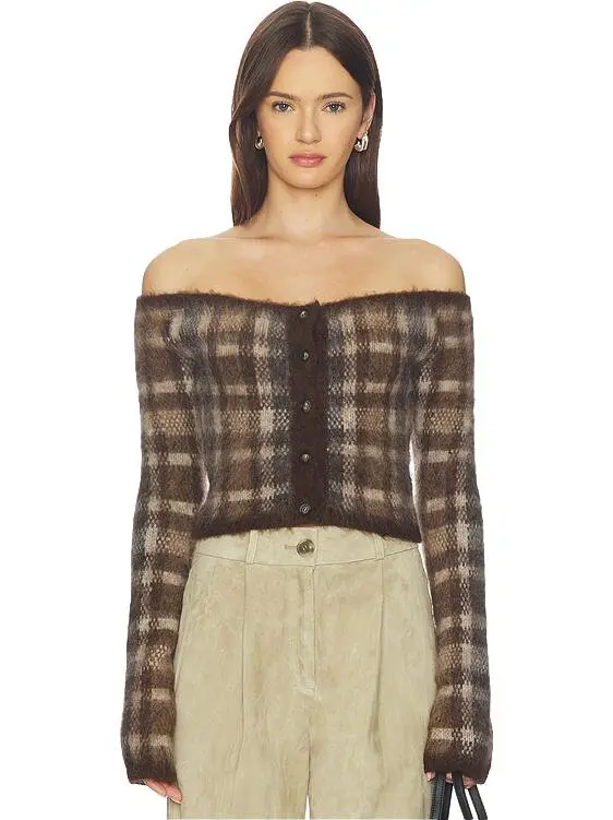 Nanushka Liliah Off-the-shoulder Cardigan - Brown & Creme Check