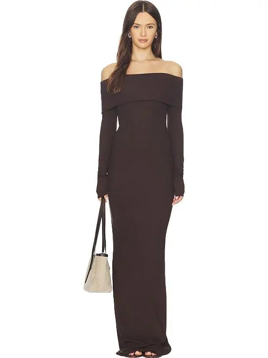 Eterne Long Sleeve Off Shoulder Maxi Dress - Espresso