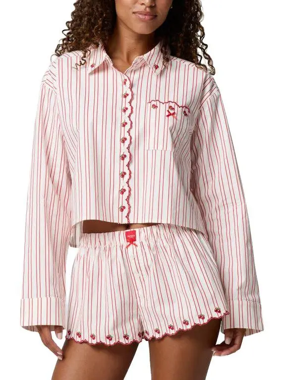 FLORENCE BY MILLS Cherry Stripe Crop Button-up Shirt - Cherry Scallop