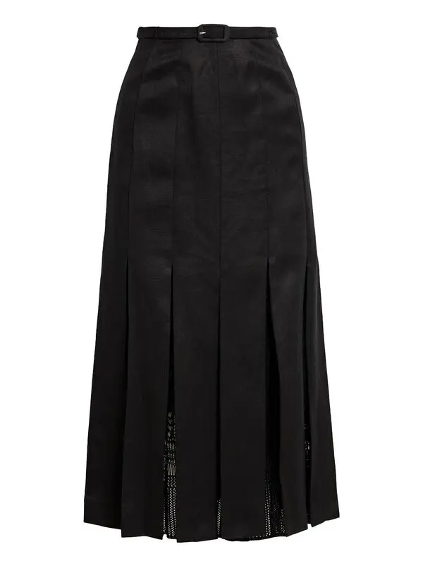 Gabriela Hearst Edith Pleated Linen-twill And Crocheted Silk Midi Skirt - Black