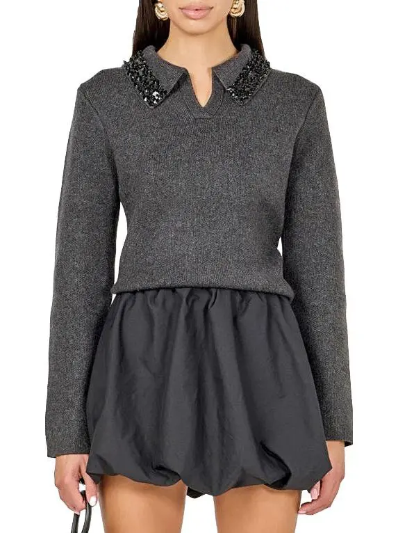Endless Rose Jewel Trimmed Collar Sweater - Charcoal