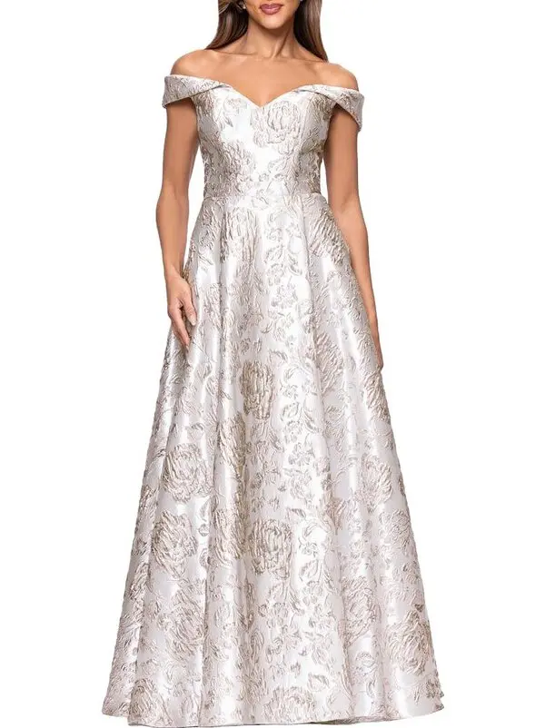 XSCAPE EVENINGS Floral Brocade Off-the-shoulder Ball Gown - Taupe/silver