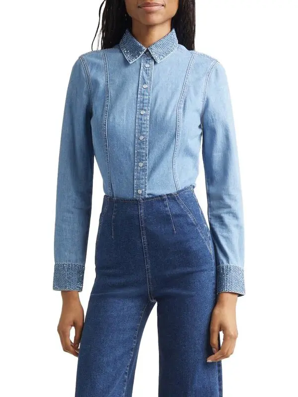 Veronica Beard Eddie Rhinestone Trim Denim Top - Riviera Breeze