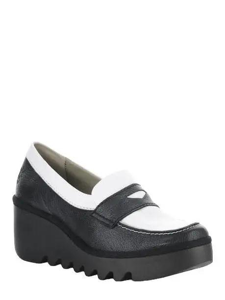 Fly London Bilz Platform Wedge Loafer - Black/white