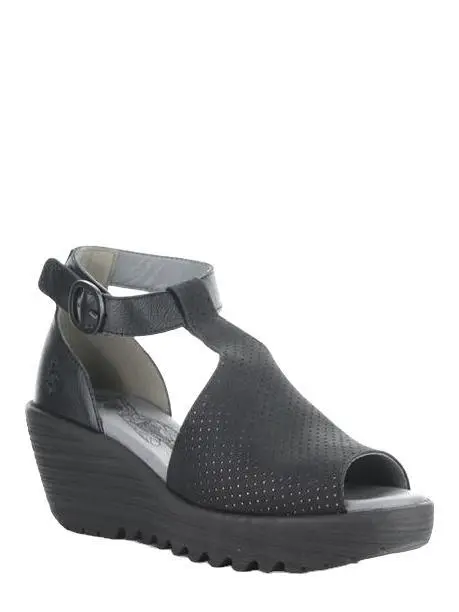 Fly London Lemo Ankle Strap Platform Wedge Sandal - Black