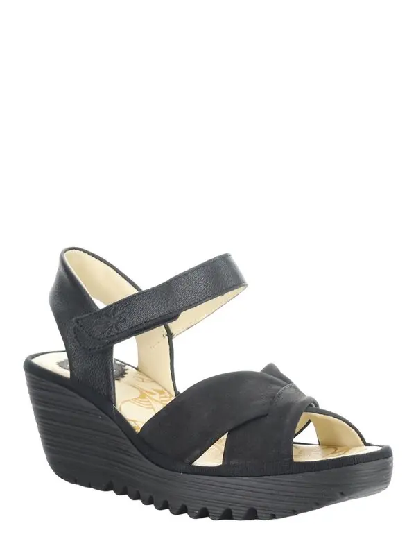 Fly London Yorg Platform Wedge Sandals - Black