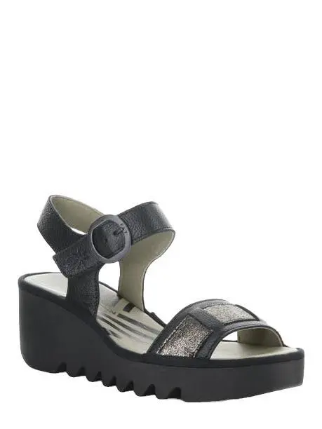 Fly London Beik Platform Wedge Sandal - 001 Black/graph