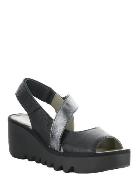 Fly London Basy Slingback Platform Wedge Sandal - Black/graphite
