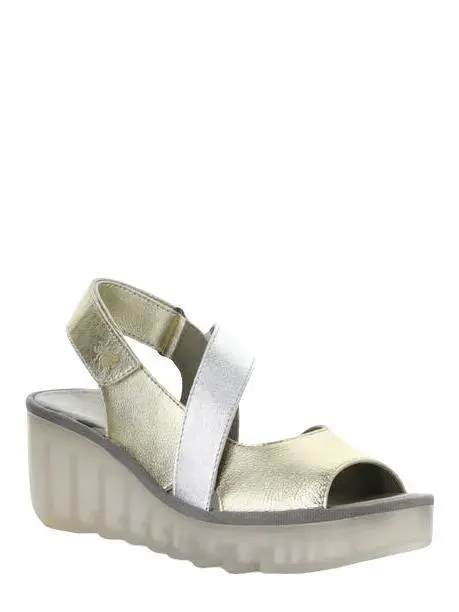 Fly London Basy Slingback Platform Wedge Sandal - Gold/silver
