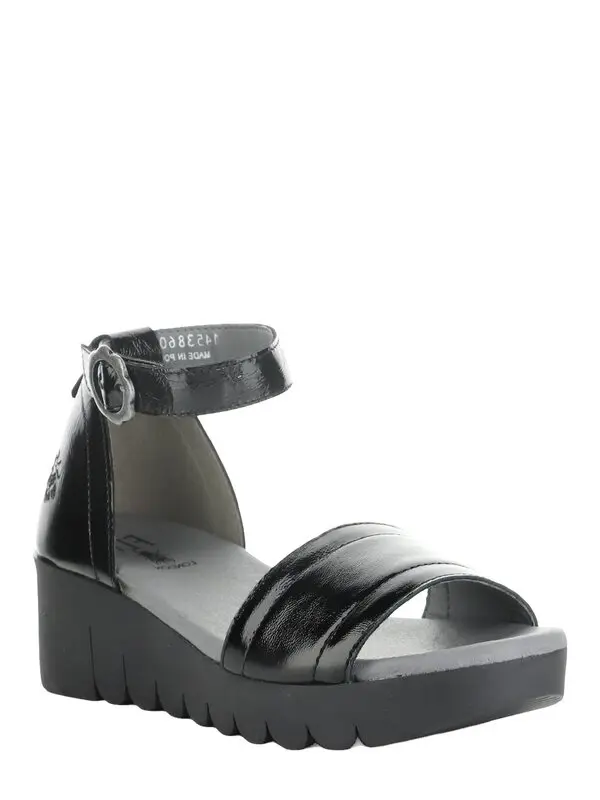 Fly London Voik Ankle Strap Platform Wedge Sandal - Black Patent