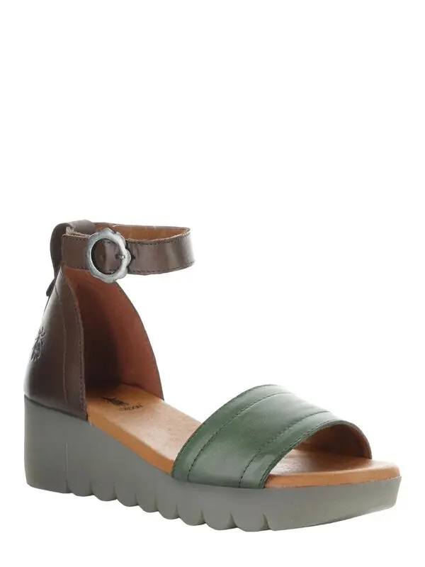 Fly London Voik Ankle Strap Platform Wedge Sandal - Green/brown