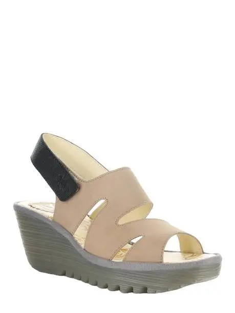 Fly London Yaad Platform Wedge Slingback Sandal - Taupe/black