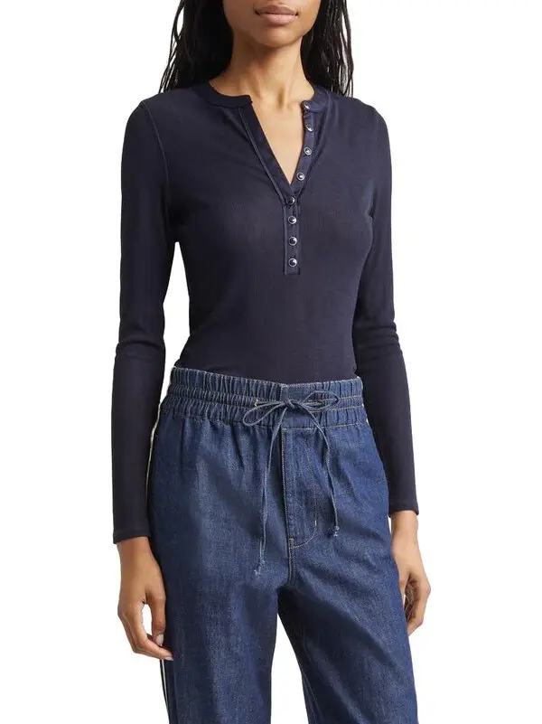 Veronica Beard Drexler Knit Henley Top - Navy