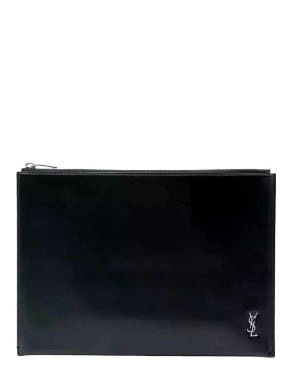 Saint Laurent Leather Monogram Ipad Case Clutch - Black