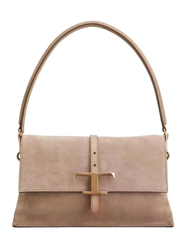 TOD'S T Timeless Buckle Suede Shoulder Bag - Neutrals