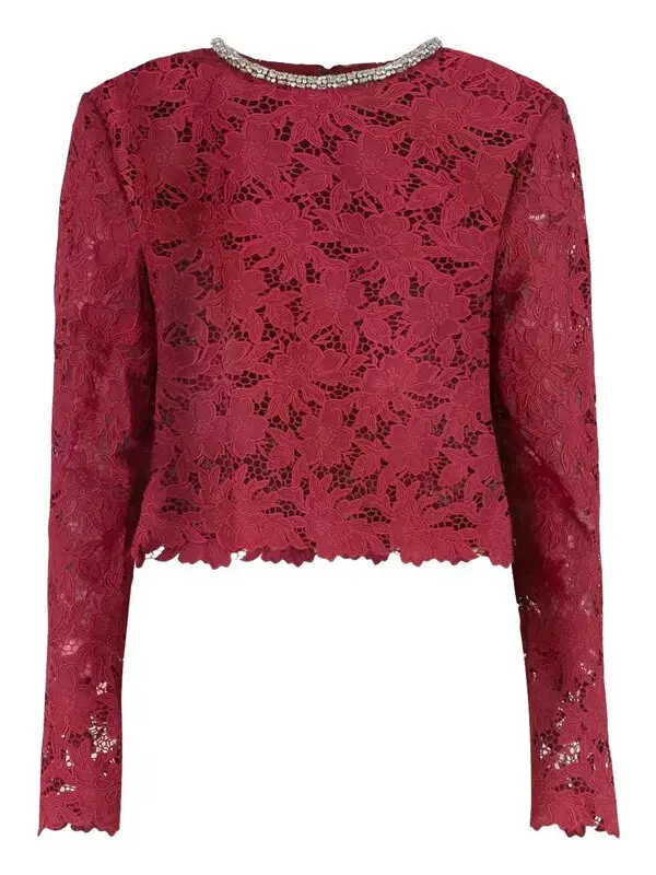 SELF-PORTRAIT Lace Top With Crystal Details - Red