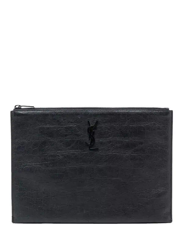 Saint Laurent Croc Embossed Leather Monogram Clutch Bag - Black
