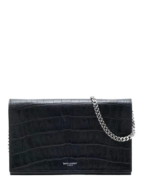 Saint Laurent Croc Embossed Leather Wallet On Chain - Black