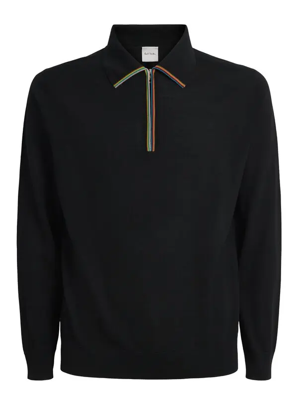 Paul Smith Merino Wool Signature Stripe Zip Polo Shirt - Black