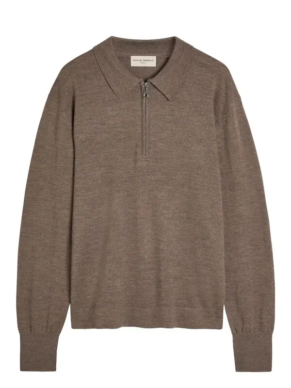 Officine Générale Merino Wool Polo Jumper - Light Brown