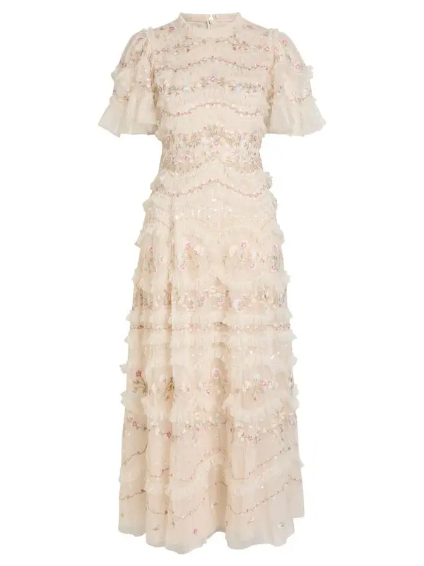 NEEDLE & THREAD Marina Ruffled Floral Embellished Tulle Gown - Cream