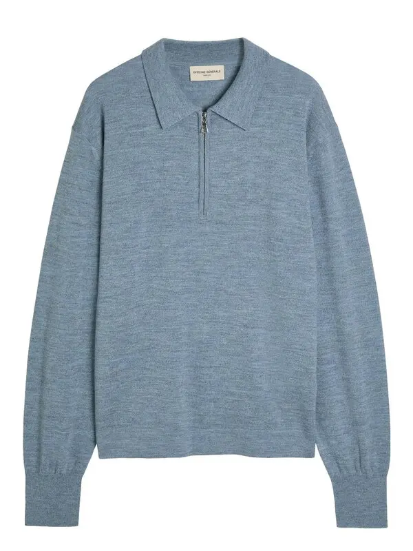 Officine Générale Melange Merino Wool Polo Jumper - Blue