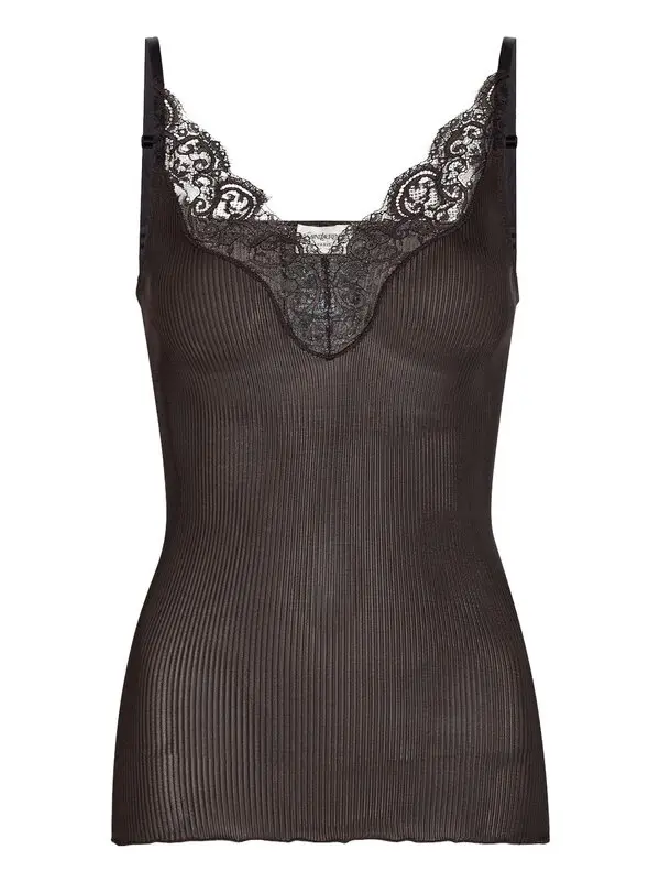 Saint Laurent Lace-trim Ribbed Silk Tank Top - Brown