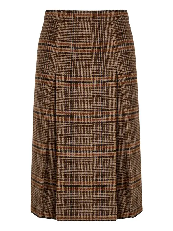 Saint Laurent Houndstooth Inverted-pleat Wool Midi Skirt - Brown