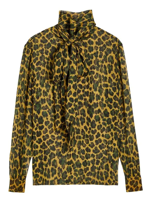 Saint Laurent Leopard Print Silk Blouse - Green