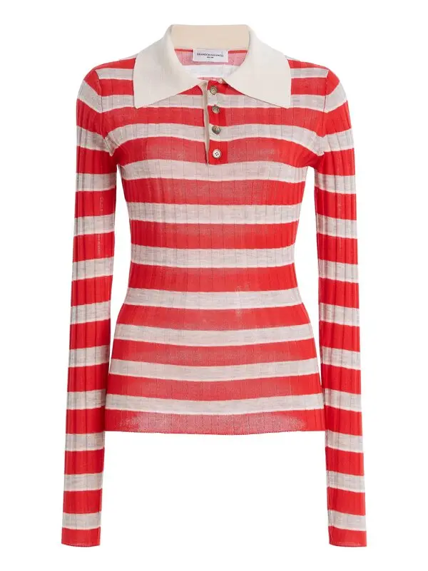 Brandon Maxwell Joni Striped Silk-cashmere Polo Top - Red