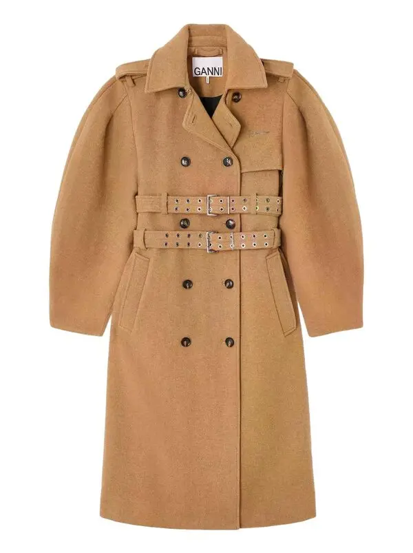 GANNI Belted Double-breasted Coat - Brown