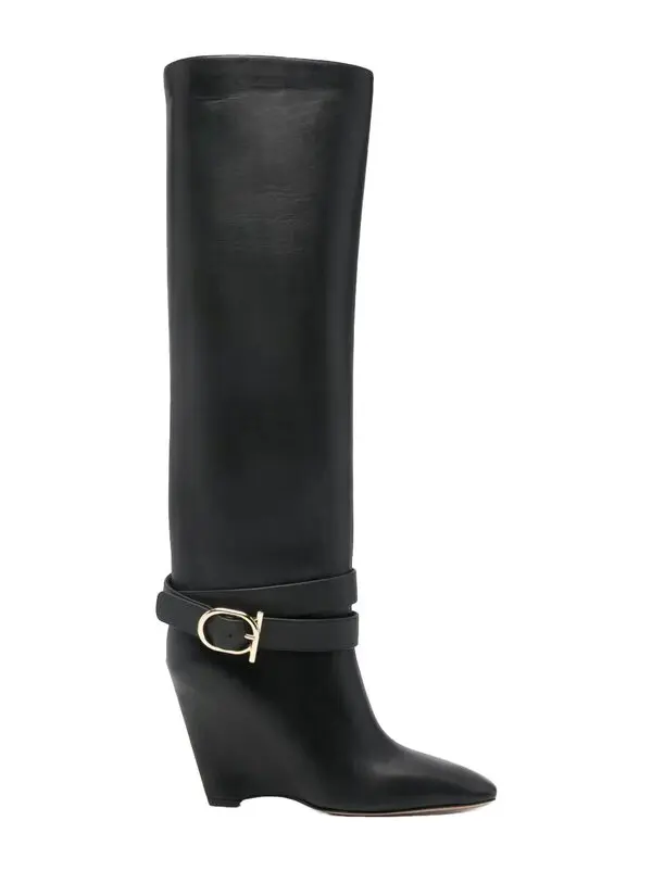 FERRAGAMO Strap Wedge Boots - Black