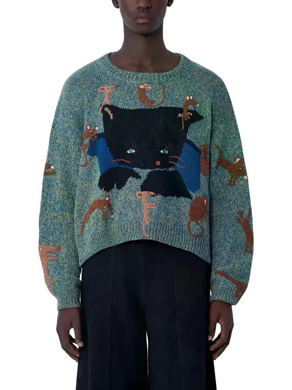 STORY MFG. Cat-motif Knit Sweater - Green