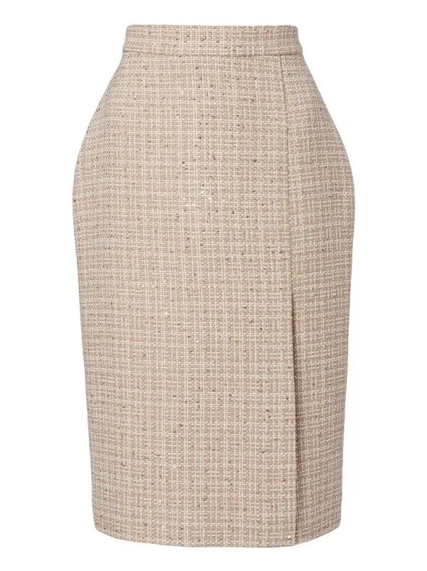 Elie Saab Checked Sequined Tweed Midi Skirt - Beige