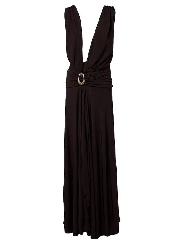 Christopher Esber Draped Jersey Maxi Dress With Stone Pin - Brown