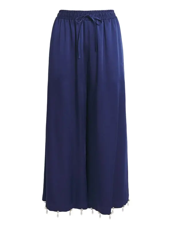 Stella McCartney Satin Wide-leg Trousers With Faux Pearl Embellishments - Navy