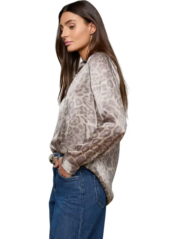 L'Agence Tyler Silk Blouse Top - Grey Multi Patch Leopard