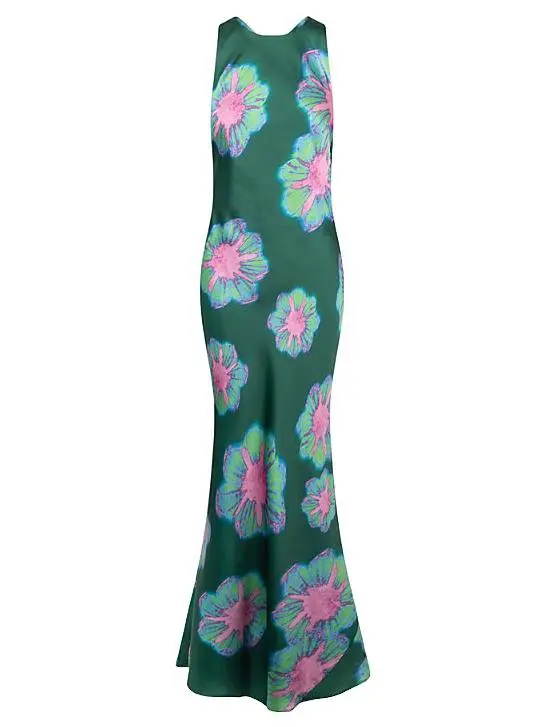 OMNES Floral-print Satin Maxi Dress - Forest Green