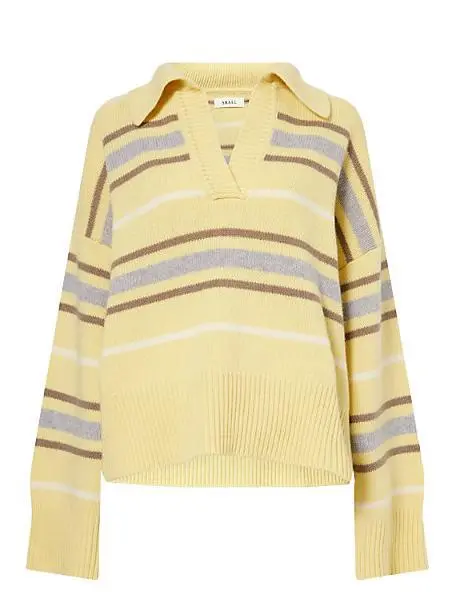 SKALL STUDIO Paul V-neck Wool Jumper - Yellow Grey Stripe