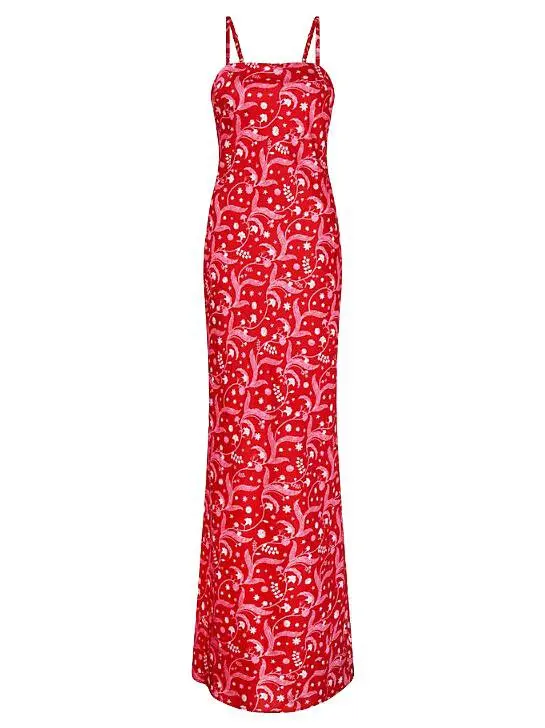 OMNES Leaf-print Satin Maxi Dress - Red