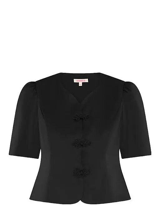 OMNES Satin Puff-sleeve Blouse - Black