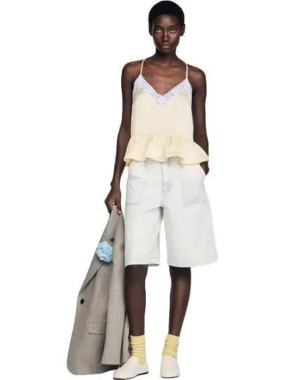 Sandro Satin-effect Top With Lace Trim - Neutral