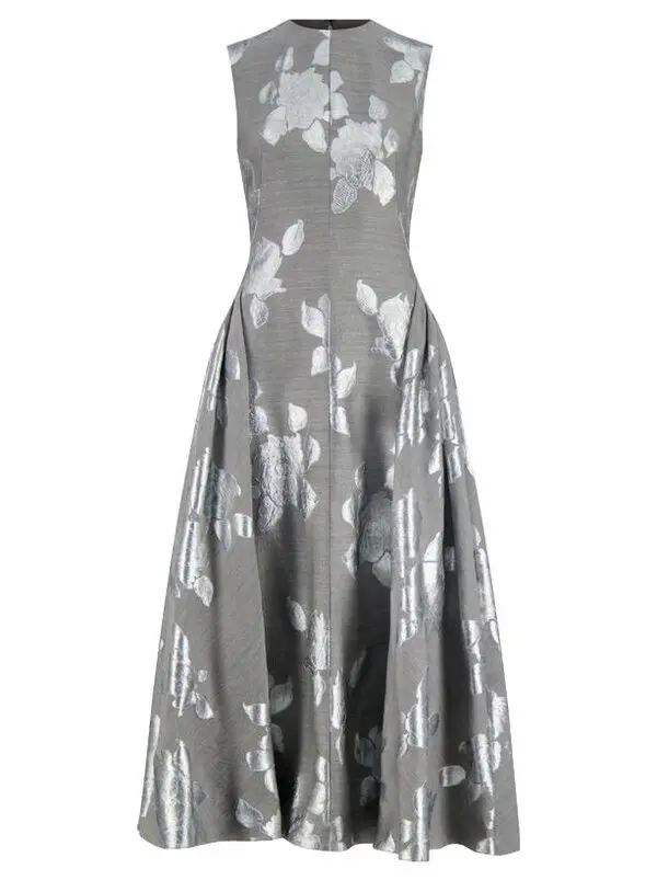 Lela Rose Floral Fil Coupe A-line Midi Dress - Silver
