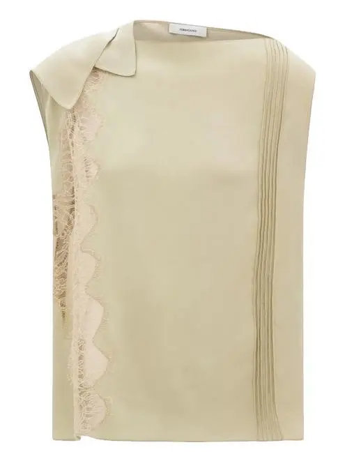 FERRAGAMO Sleeveless Silk Top With Lace Inserts - Natural