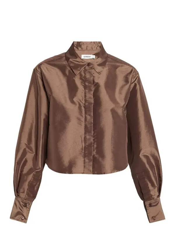 Simkhai Renata Cropped Satin Blouse - Chocolate