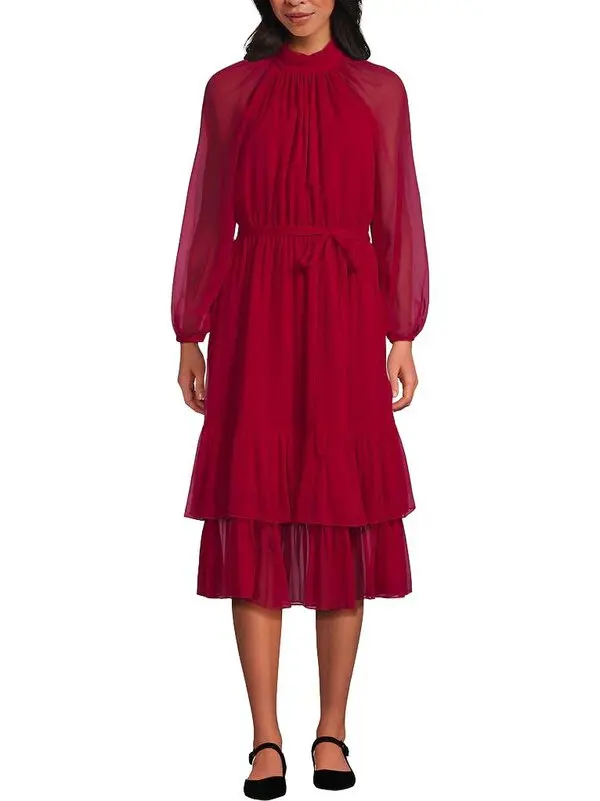 LANDS' END Crinkle Chiffon Ruffle Dress - Rich Red