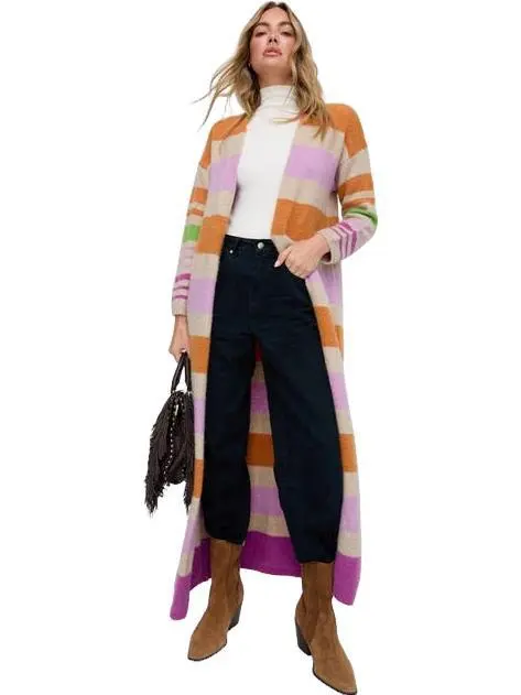 RAFFYA Long Line Rugby Stripe Cardigan - Multi
