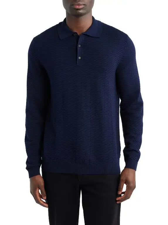 BOSS Diluigi Long Sleeve Virgin Wool Blend Polo Sweater - Dark Blue